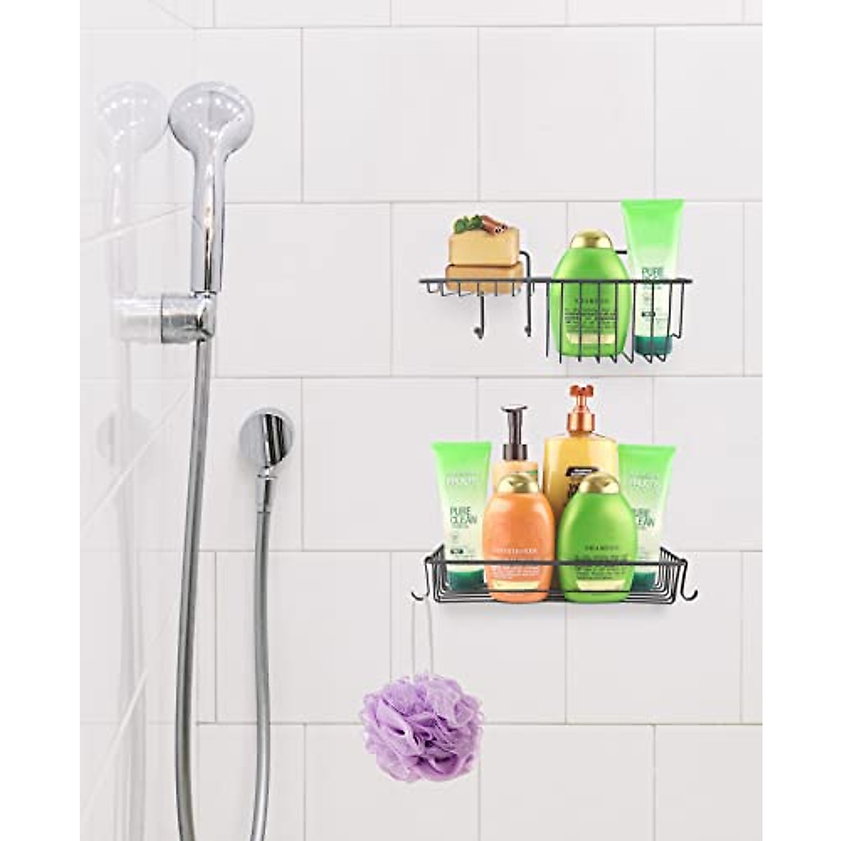 Shower Caddy Basket Shelf, Bath Accessories , Shampoo Holder Organizer No Drilling Wall Mounted Adhesive Bathroom Storage Black Stainless Steel (Black) - 2 Pack