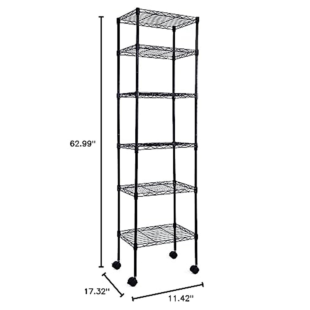 YSSOA Heavy Duty 6-Shelf Shelving with Wheels, with Hanging Hooks, Wire Shelving, Adjustable Storage Units, 17'' D x 11'' W x 63'' H, 6 Tier, Black