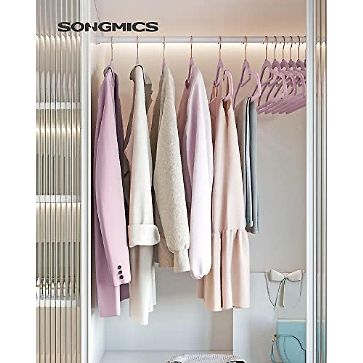 SONGMICS 50-Pack Velvet Hangers and 24-Pack Pants Hangers Bundle, Clothes Hanger with Rose Gold Swivel Hook, Coat Hangers with Movable Clips, Pale Purple and Light Pink UCRF021GP50 and UCRF14PK24