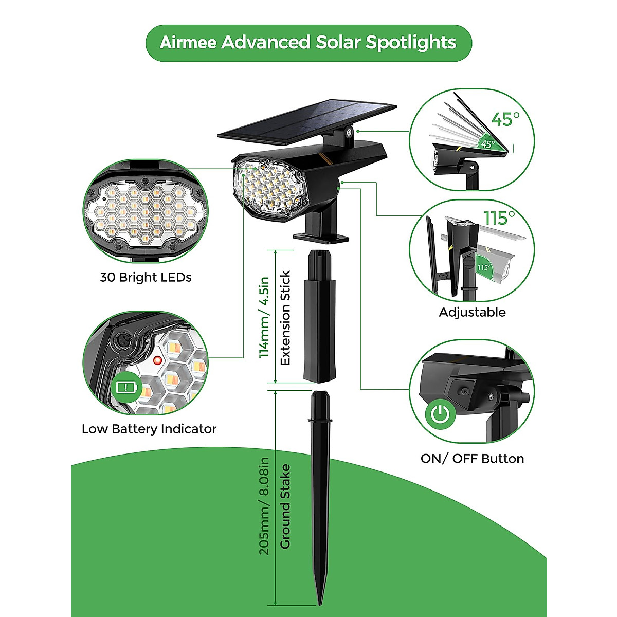 Airmee Solar Outdoor Lights 4 Pack, 30 LED Cold + Warm White Adjustable Spot Lights IP67 Waterproof, 10 Lighting Modes Spotlights Auto On/Off, 2 in 1 Solar Landscape for Yard Garden Driveway Walkway