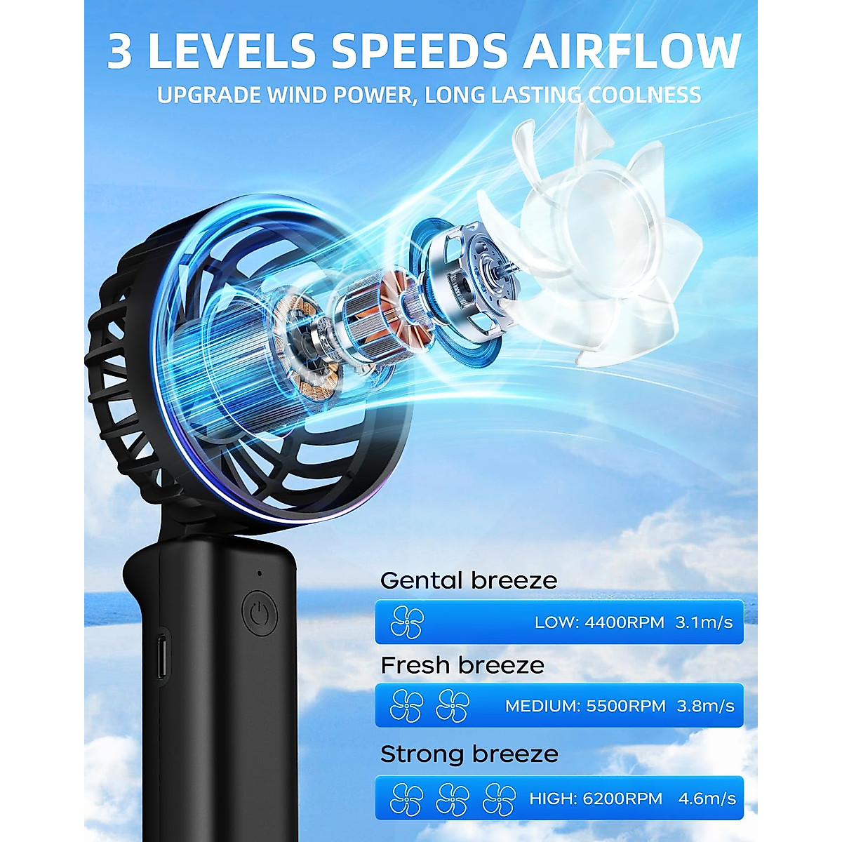 Hssio Portable Handheld Fan, Mini Desk Fan Foldable 2000mAh, 180° Ratotion, 3 Speeds, Ultra Quite, Up to 8H Long Use Time, Small Personal Cooling Fans Makeup Eyelash Fan, Black+Light Blue