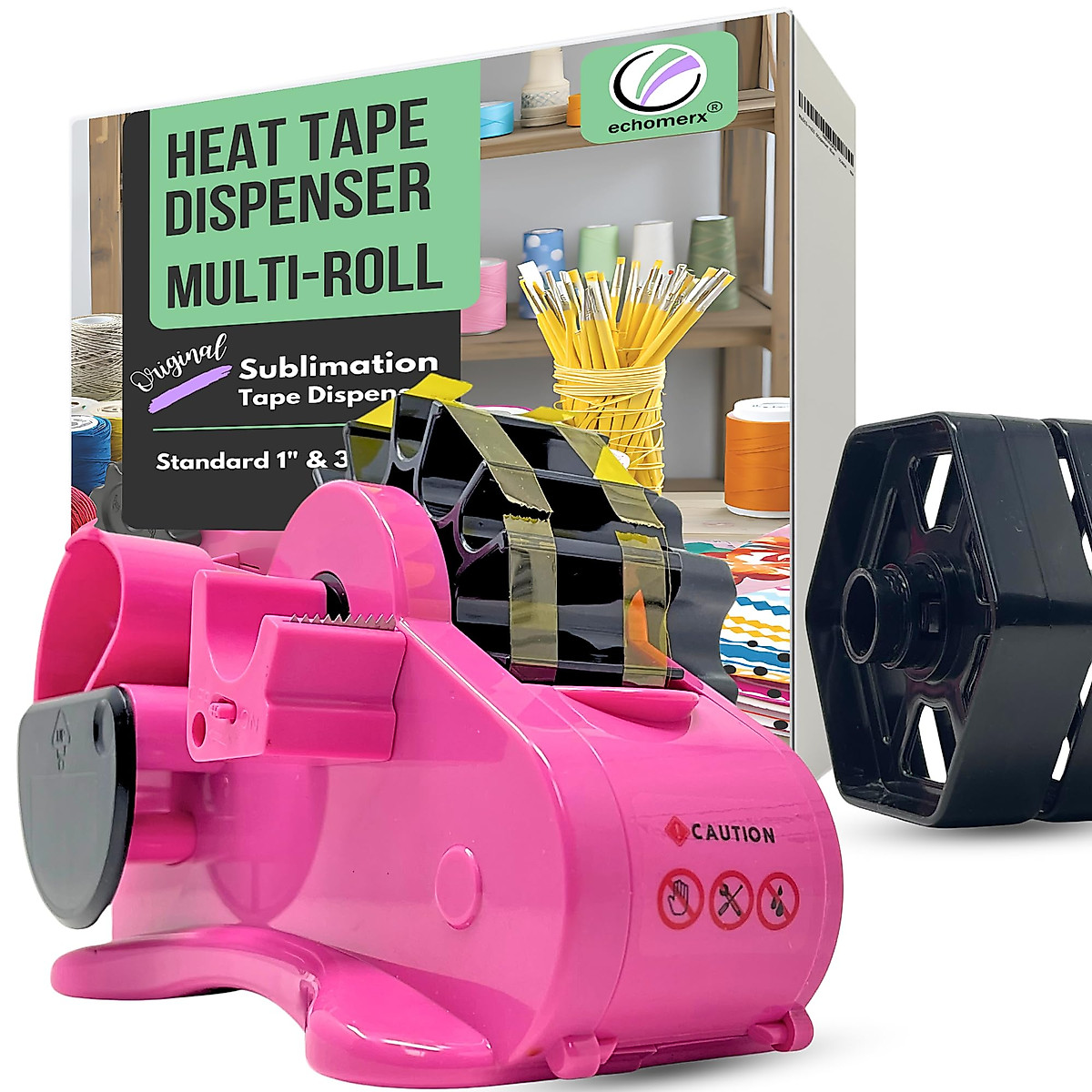 Echomerx Multi-Roll Heat Tape Dispenser Sublimation - Best Cut Heat Resistant Thermal Tape for Sublimation Transfer, Pen Holder, 1 and 3 inch Core, Optional Heat Press Tape Pack, Pink