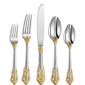 KEAWELL Luxury 20 Pieces 18/10 Stainless Steel Flatware set, Service for 4, silver plated with gold accents, Fine Silverware set and Dishwasher Safe (Gold Accent)