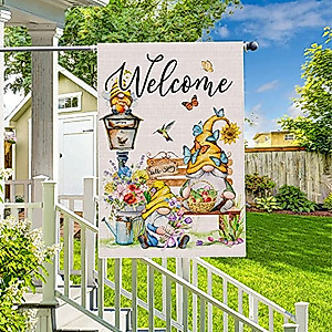 Spring Flag 28 X 40 Double Sided, Large Gnome Welcome Garden Flag for Outdoor, Decorative House Flag, Spring Summer Burlap Garden Gnome Decor, Farmhouse Seasonal Spring Garden Flag for Yard Outside