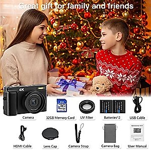 4K Digital Camera 60FPS Auto Focus 48MP Vlogging Video Camera 16X Digital Zoom Camera with 180°Flip Screen Anti-Shake Compact Camera for Beginner 32GB Memory Card