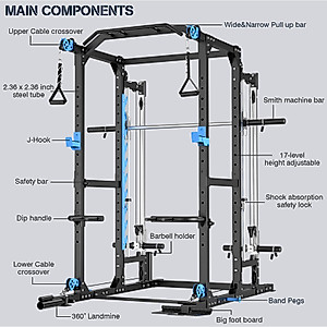 Multifunctional Power Cage Rack with Cable Crossover/Smith Machine System, LAT-Pull Down System,Squat Rack and More Training Attachments for Home Gym