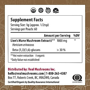 Organic Lions Mane Mushroom Powder Supplement - Improve Cognitive and Immune Support - Gluten Free Powder Extract
