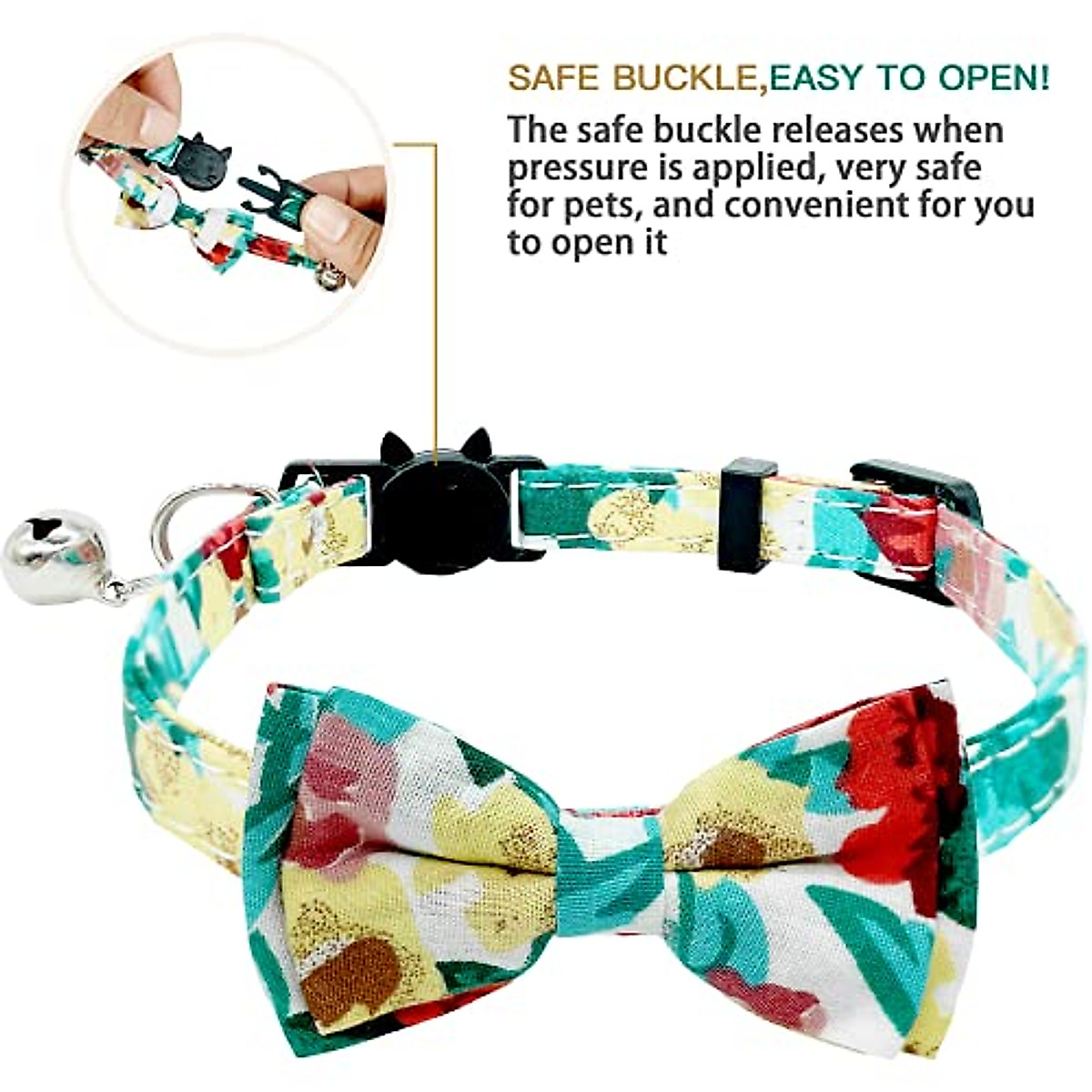 KUDES 2 Pack Breakaway Cat Collar with Removable Bow Tie and Bandana, Cute Floral Pattern Kitten Bowtie Collar Bandana Collar with Bells for Cats Puppy, Adjustable from 7.5-10.8 Inch (Colorful Flower)
