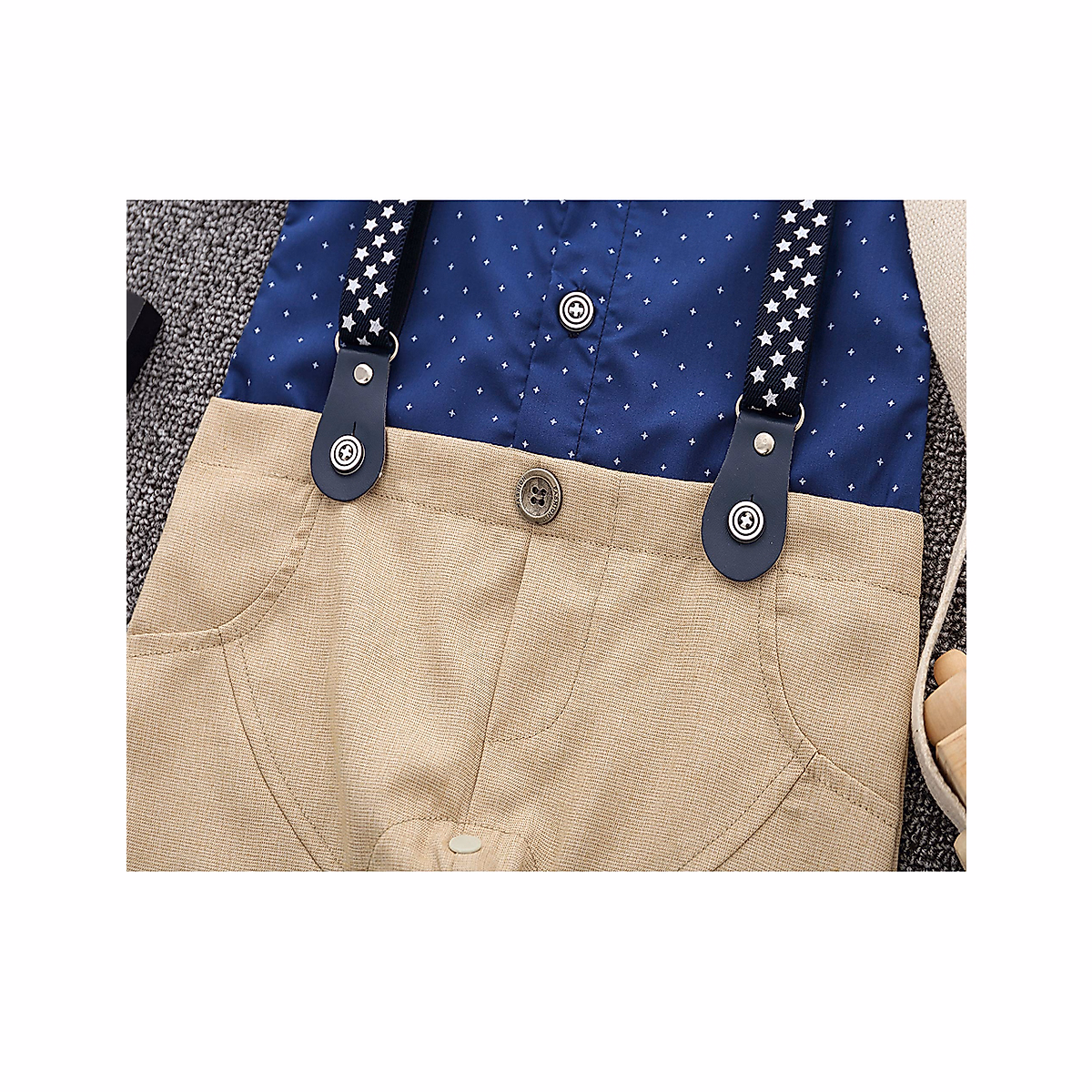 HeMarIsle Baby Boy Long Sleeve Gentleman Blue Shirt Bowtie Tuxedo Suit Onesie with Suspenders Dressy Clothes (Blue2190, 0-3 M)