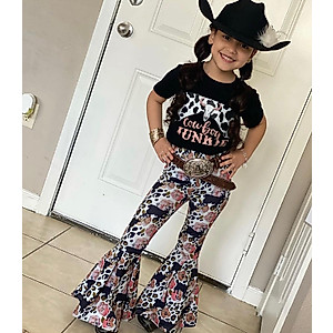 Toddler Western Baby Girl Clothes Bell Bottom Outfit Short Sleeve Letter Tops Cow Print Flare Pant Sets Cowgirl Outfits (D-Black, 4-5 Years)