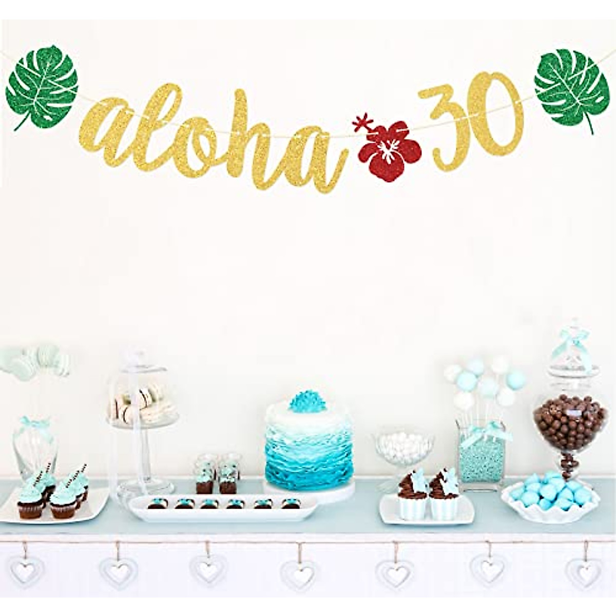 Aloha 30 Banner, Aloha Party Decorations, Hawaiian 30th Birthday Banner for Tropical Luau Birthday Party Decorations, Palm Leaf Decorations Gold Green Glitter