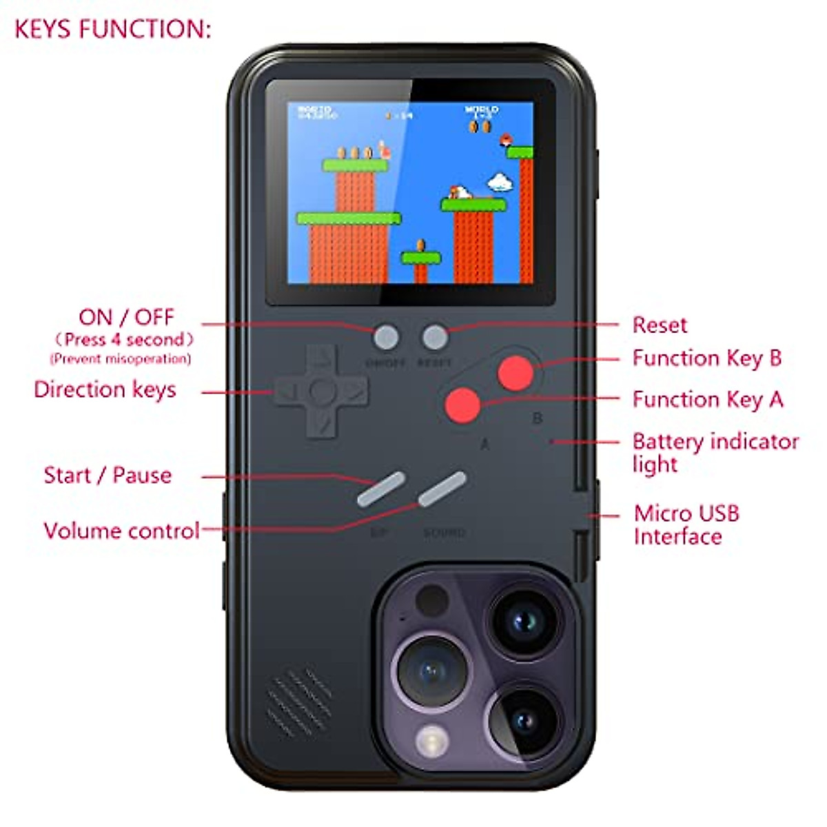 Gameboy Phone Case for iPhone 14 with Tempered Glass Phone Screen Protector,Playable 36 Retro Classic Games, Handheld Video Game Console iPhone Case(for iPhone 14(6.1'), Black)