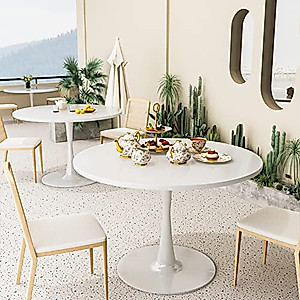Recaceik Modern Round Dining Table, 42.1'' Tulip Table with MDF Table Top & Metal Pedestal Base for Dining Room Living Room Cafe w/ 0.71” Thickened Tabletop for 4-6 People, White