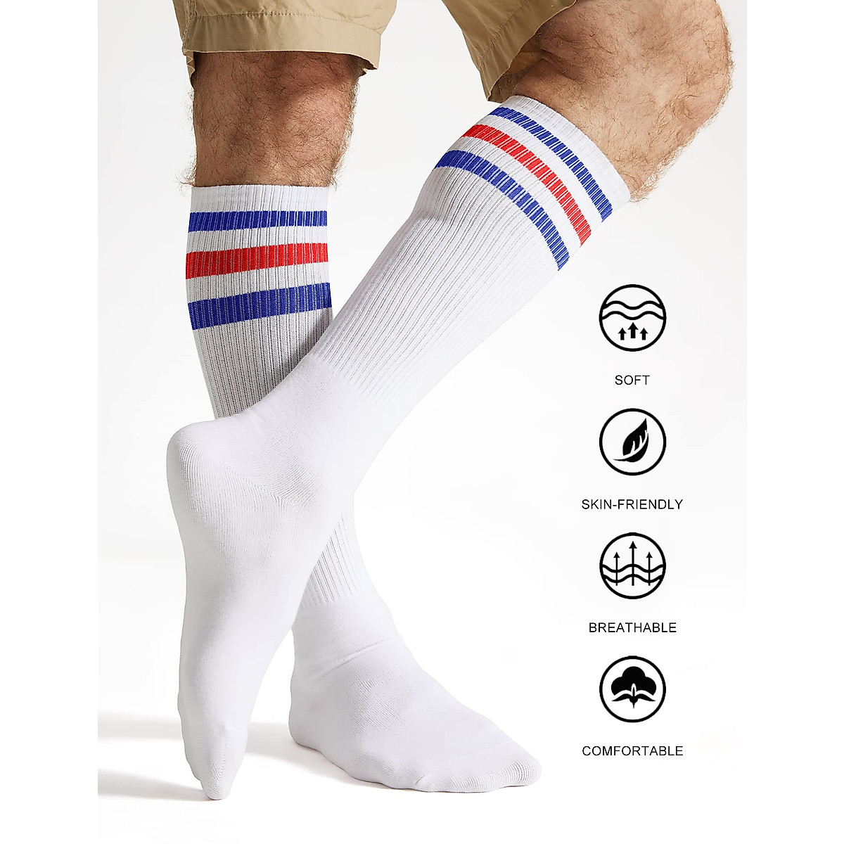 Joulli Men's White Knee High Tube Socks 3 Pairs