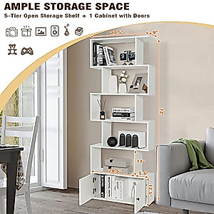 Giantex 6-Tier Geometric Bookcase with Cabinet, Freestanding Display Shelves with Anti-Tipping Device, Wood S-Shaped Bookshelf for Living Room, Bedroom, Study, White