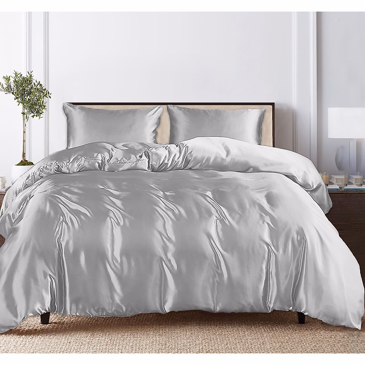 Linenwalas Tencel Lyocell Duvet Cover Set with Deep Pocket Fitted Sheet, Viscose Made from Eucalyptus Soft, Lightweight and Breathable Complete Bedding Set (Silver, King)