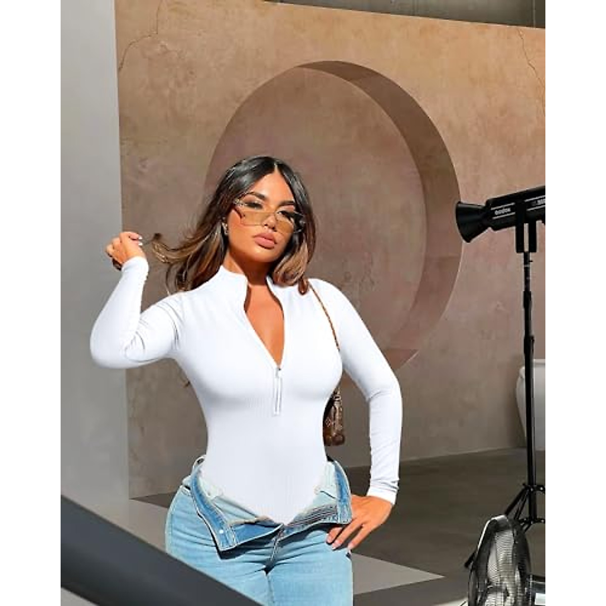 OQQ Women's 2 Piece Bodysuits Sexy Ribbed One Piece Zip Front Long Sleeve Tops Bodysuits Black White