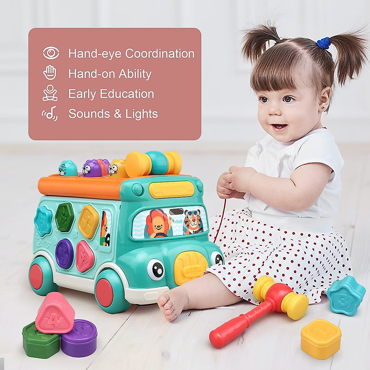 Cute Stone Push Pull Bus Toy, Baby Musical Learning Toys with Sound & Light, Whack-a-Mole Game, Shape Matching, Gear, Toy Clock, Activity Bus Toy Early Education Gift for Toddler Boys Girls