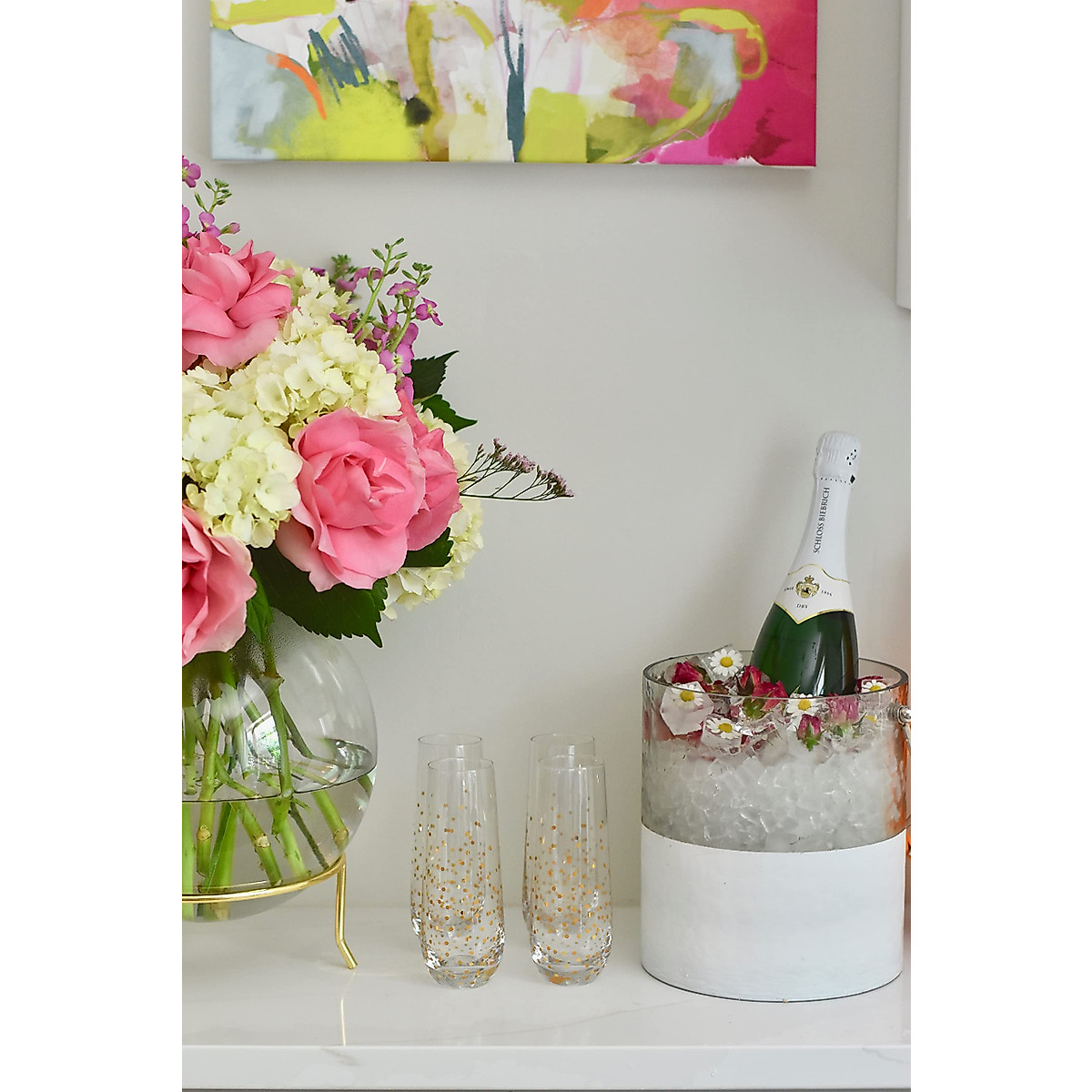 Mud Pie Glass Ice Bucket, Clear/White, Bucket 8" x 7" Dia | Tongs 6.75"