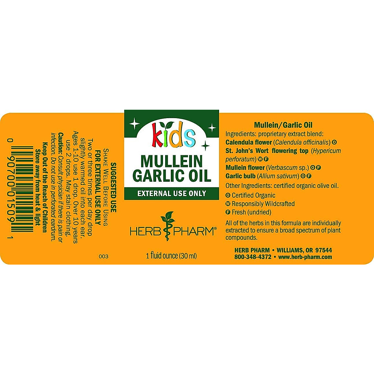 Herb Pharm Kids Mullein and Garlic Oil, 1 Fl Oz, Calendula, Garlic, Mullein, St. John's Wort, Olive Oil