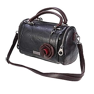 TENDYCOCO Crossbody Bag Boston Barrel Handbag with Flower Pendant for Women (Black)