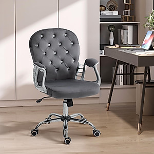 Vinsetto Velvet Home Office Chair, Button Tufted Desk Chair with Padded Armrests, Adjustable Height and Swivel Wheels, Dark Gray