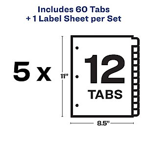Avery 12 Tab Dividers for 3 Ring Binder, Easy Print & Apply Clear Label Strip, Index Maker Customizable White Tabs, 6-Pack of 5 Sets, 30 Sets Total (11429)