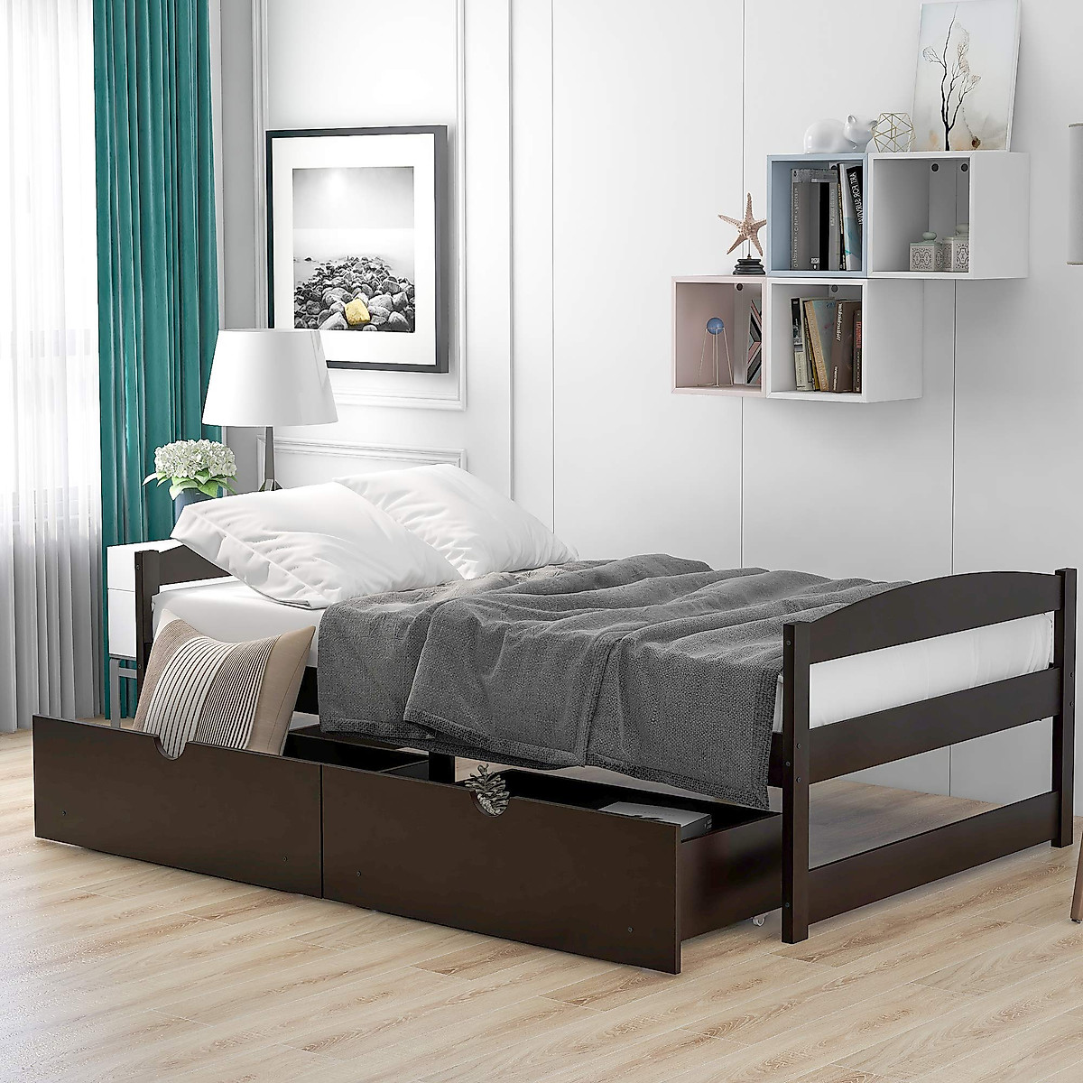 KoiHome Wooden Daybed with 2 Storage Drawers, Twin Size Platform Bed Frame, Daybed Twin for Kids Boy Girls Bedroom,Living Room, Office, No Box Spring Needed, Twin Size Day Beds Sofas in Espresso