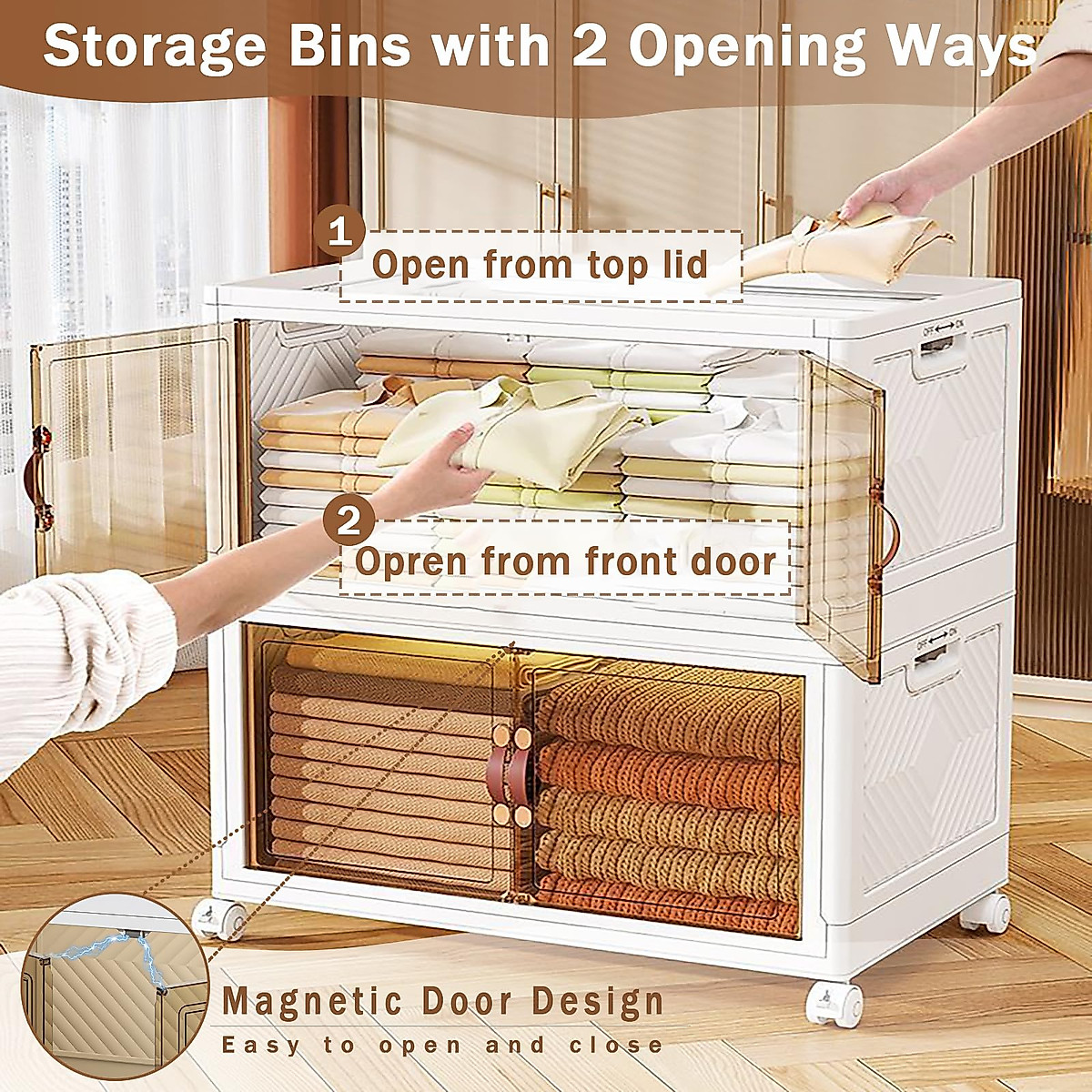 Jacriah Plastic Storage Bins with Lids, 4 Layer Collapsible Storage Bins with Doors,14.7 Gallon Folding Storage Boxes with Wheels for Closet Organizer, Stackable Home Cabinet Storage Bins with Handles