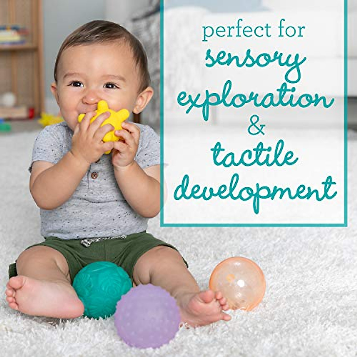 Infantino Activity Ball Set Music & Lights - 4 Colorful, Bouncy, & Multi-Textured Balls for Fine Motor Development for Little Hands