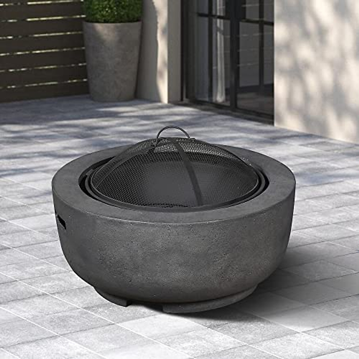 HOOOWOOO 24" Small Round Outdoor Fire Pits,Patio Concrete Wood Burning FirePit Bowl,Faux Stone Clay Firepits Table for Outside,Gray