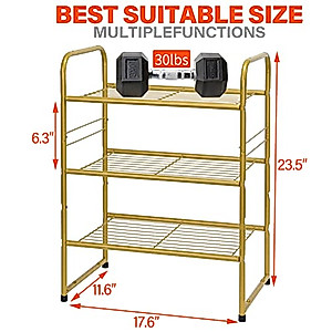 wkokos 3-Tier Small Shoe Rack, Stackable Narrow Shoe Shelf Storage Organizer, Heavy Duty Metal Free Standing Shoe Rack for Entryway Closet Doorway, Gold