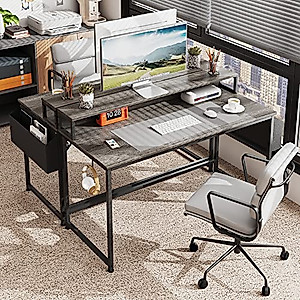 MUTUN 47" Computer Desk, Home Office Desks, Modern Writing Desk with Monitor Stand, PC Desk with Storage Bag and Hook, Grey Oak