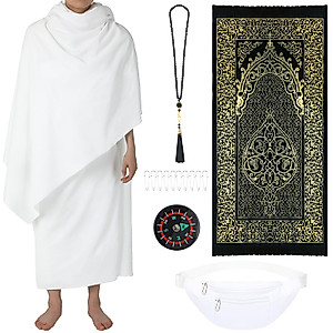 SmoothNovelty 15 Pcs Ahram Ihram Ehram Clothing for Hajj and Umrah for Men Include 2 Pcs Islamic Clothing Towel Muslim Prayer Rug Mat Compass Fanny Pack Prayer Bead Necklace Pins for Men Ramadan Gifts