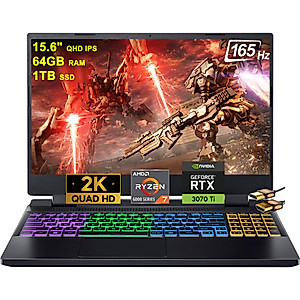 Acer Nitro 5 15 Gaming Laptop 15.6" QHD IPS 165Hz Display AMD Octa-core Ryzen 7 6800H (Beat i7-11370H) 64GB RAM 1TB SSD GeForce RTX3070Ti 8GB Graphic RGB Backlit HDMI USB-C Win11Pro Black + HDMI Cable