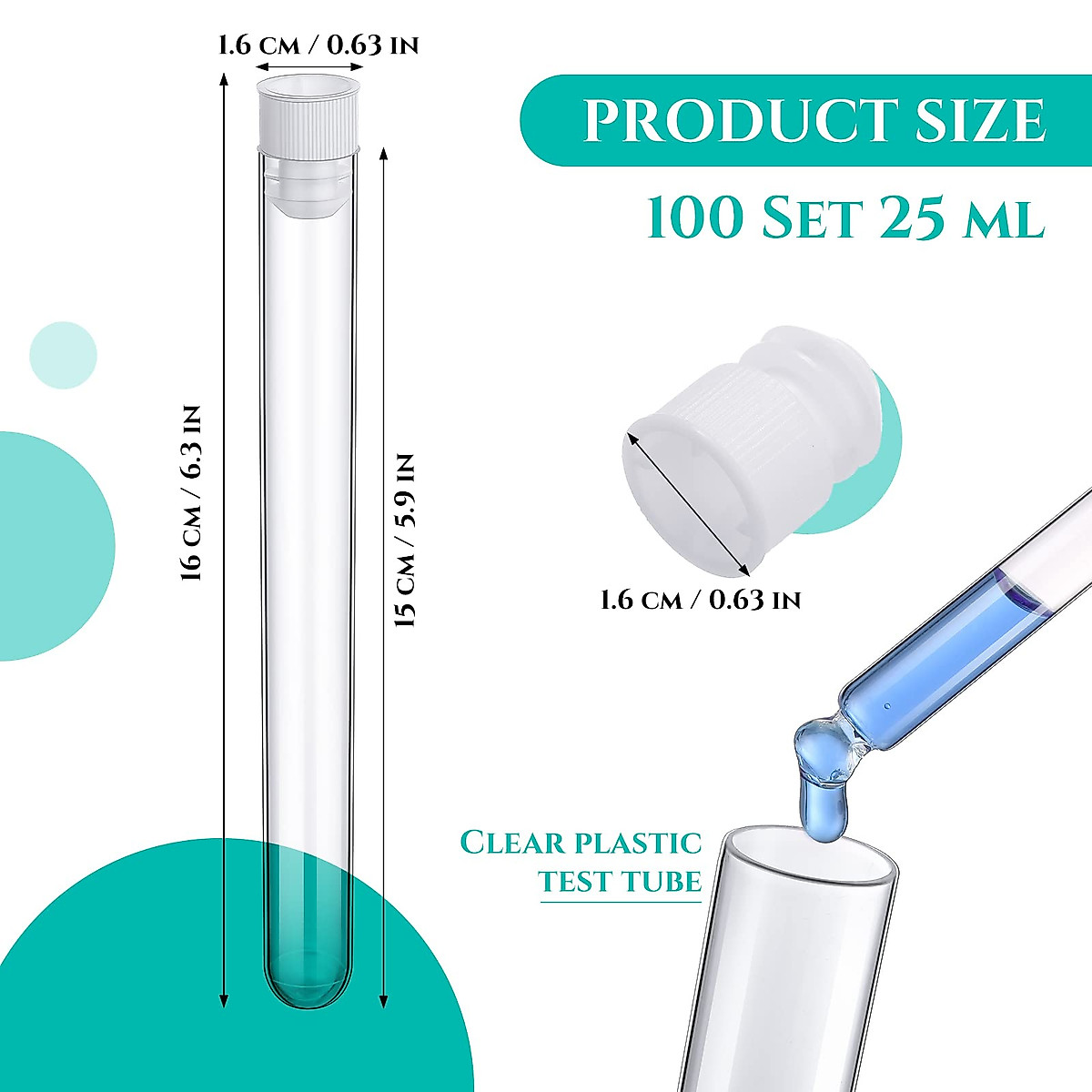 Hoteam 100 Pcs Clear Test Tubes with Lids Plastic Tube Plastic Vials for Scientific Experiments Party Supplies Birthday Candy Storage Seed Beads Powder Spice Liquid (White Lid,16 x 150 mm)