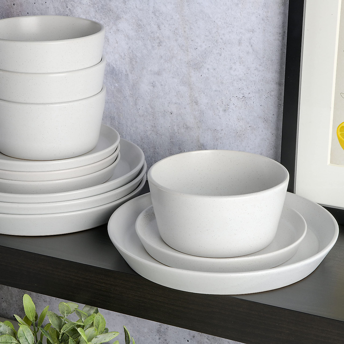 Gibson Soho Lounge Sofia Coupe Stoneware Dinnerware Set, Service for 4 (12pcs), White w/Speckle