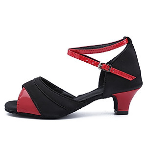 HROYL Girl's Latin Dance Shoes Ballroom Salsa Tango Party Proffessional Practice Perfermence Dance Sandals WZJ-XGG Black red 2.5(M) US Little Kid
