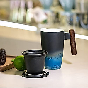 suyika Tomotime Ceramic Tea Cup with Infuser and Lid Tea Mugs Wooden Handle 400ml/13.5oz Black cyan