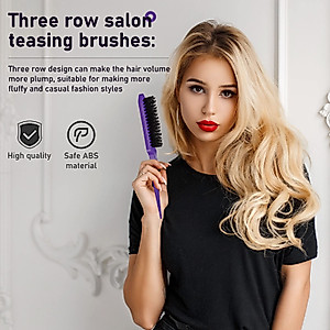 Remerry Nylon Hair Brush Set for Women & Girls, 12 Pieces Including 3 Row Salon Teasing Brushes, Double Sided Hair Edge Brush, Rat Tail Combs, Duckbill Clips - Purple