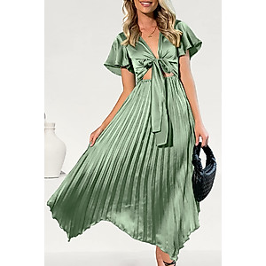 PRETTYGARDEN Women's 2023 Satin Summer Dress Short Sleeve V Neck Tie Front Cutout Pleated A Line Midi Dresses (Light Green,Medium)