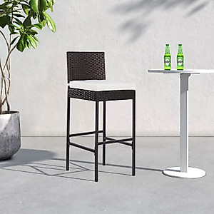 PayLessHere 2 Piece Outdoor Bar Stools 30" Wicker Patio Stools Bar Chairs Height Stools All Weather Patio Furniture with Footrest Khaki Cushion for Outdoor Indoor Pool Lawn Porch Backyard,Brown