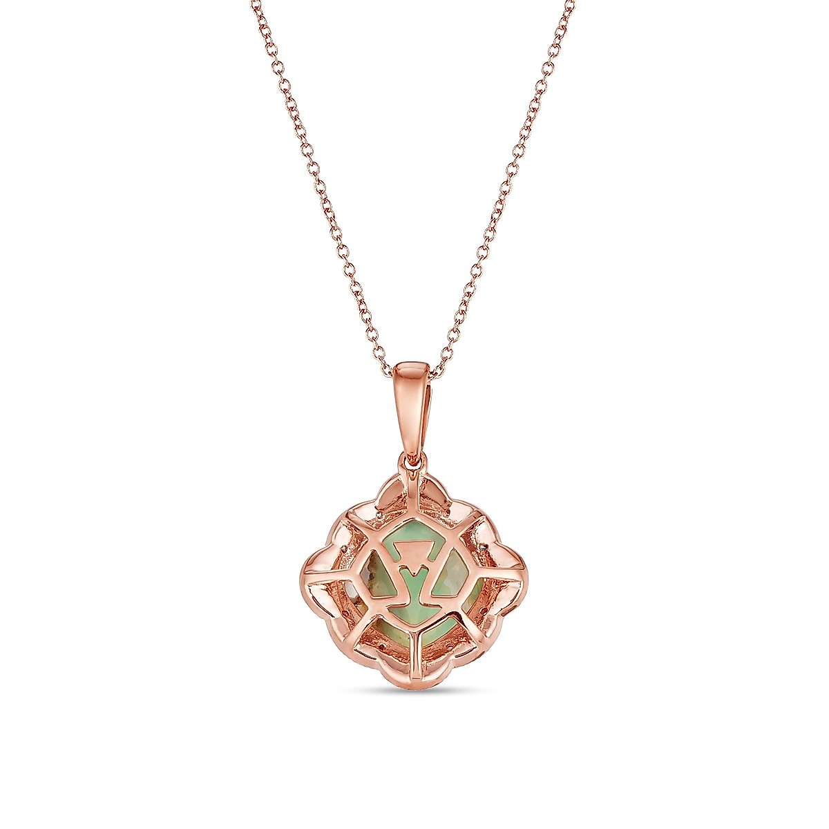 LE VIAN 3 2/5 Carat Cushion Shape Green Aquaprase Milgrain Flower Pendant Necklace for Women in 14k Rose Gold Plated 925 Sterling Silver on 18 Inch Chain with Lobster Claw Topaz and Quartz Pendant