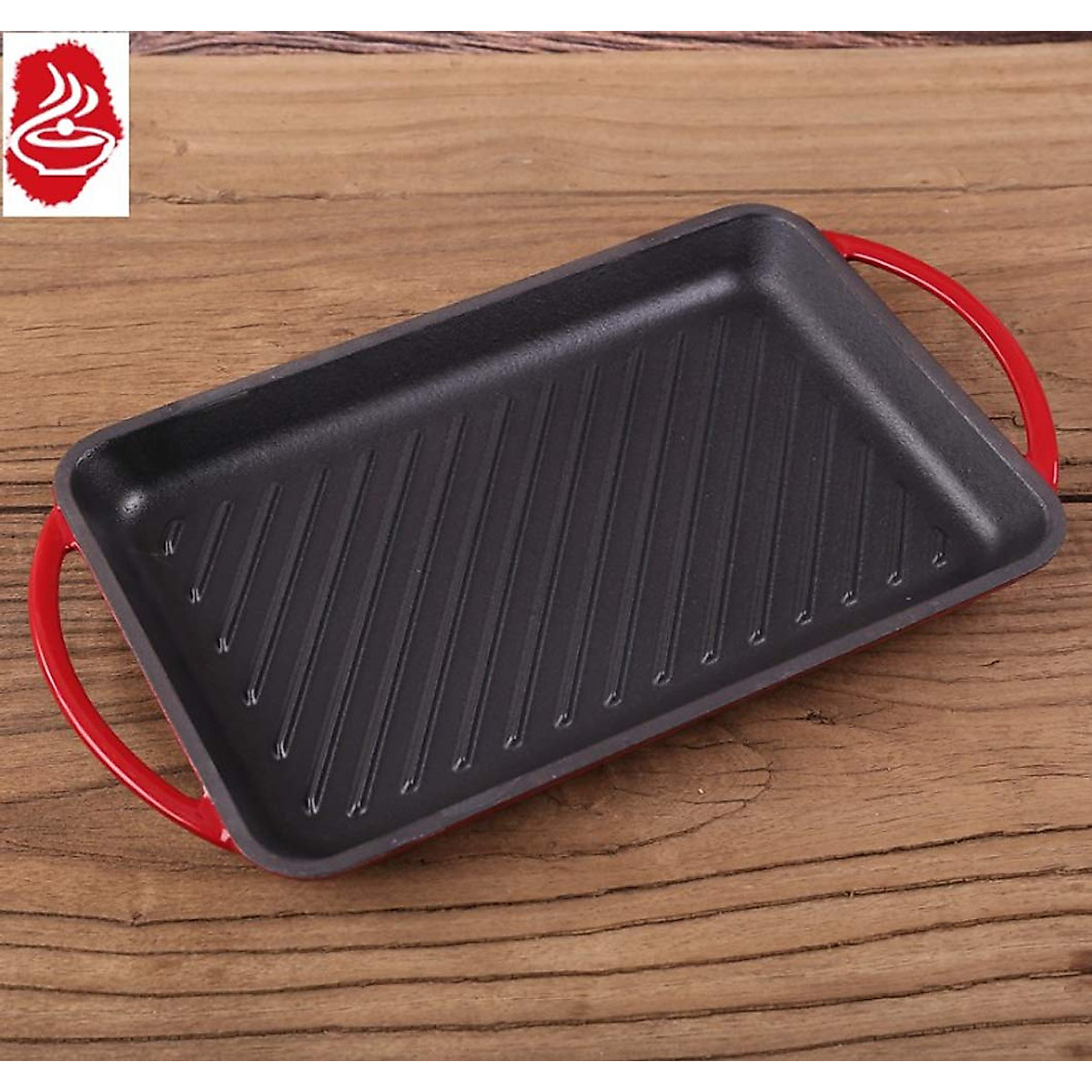LI-GELISI Enameled Pre-Seasoned Cast Iron Double Handle Rectangle Grill Pan 15.8 inch, Red