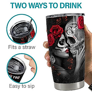 SANDJEST Couple Tumbler 20oz Gifts for Wife Husband Skull Couples Stainless Steel Tumblers Coffee Travel Mug Cup Romantic Gift for Valentine Birthday Anniversary Christmas