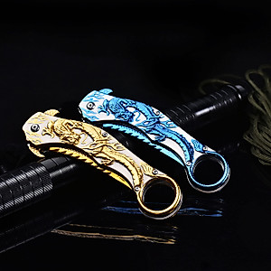 Vividstill Pocket Knife for Men, Cool Folding Knife With 3D Blue Dragon Relief, Great Gift Edc Knife For Men Outdoor Survival Camping Hiking