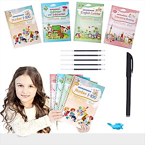 Magic Ink Copybooks for Kids Reusable Handwriting Workbooks for Preschools Grooves Template Design and Handwriting Aid Magic Practice Copybook for Kids The Print Writing (4 Books with Pens)