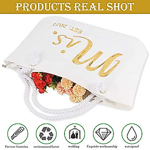 Wifey Bride Tote Bag for Wedding with Zipper Mrs. EST. 2021 Large Beach Shoulder Bride Bag for Engagement with Gold Sequin Shower Honeymoon Gift White