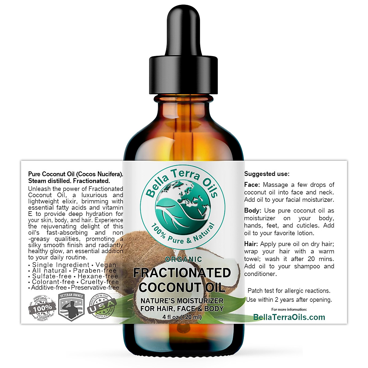Bella Terra Oils - Organic Fractionated Coconut Oil (MCT) 4 oz - A Treasured Elixir from Coconut, Enriched with Caprylic & Capric Acid, The Ultimate Carrier for Mixing Oils