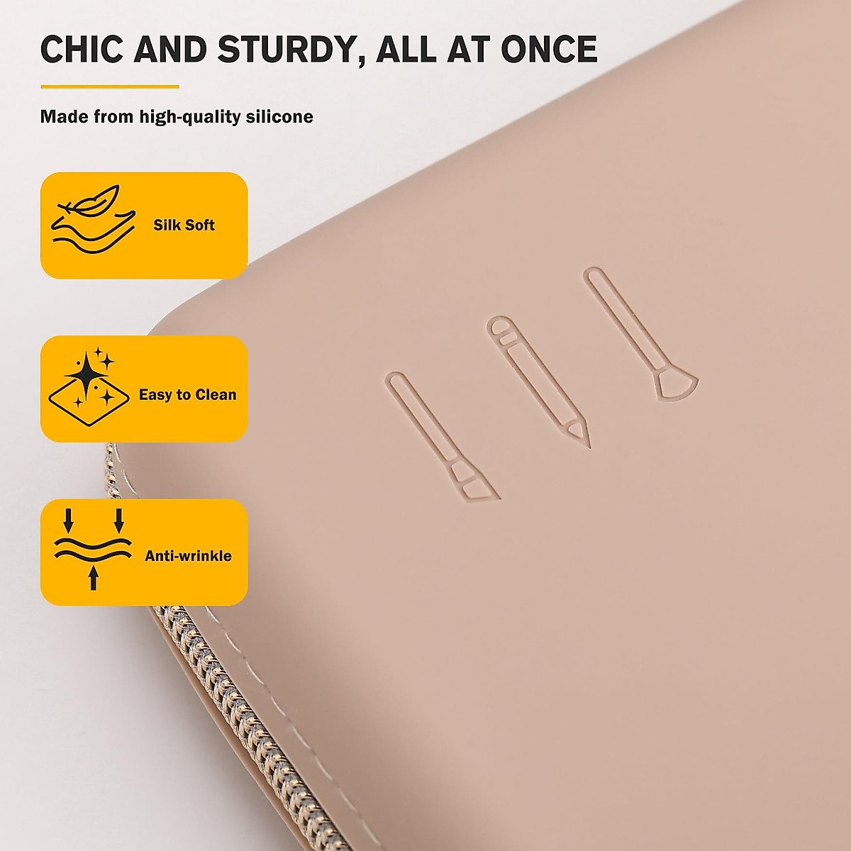 BEZOX Stylish Silicone Makeup Brush Bag - Travel Makeup Brush Holder, Portable Cosmetic Bag Zipper Pouch, Silicon Toiletry Bag Case - Khaki